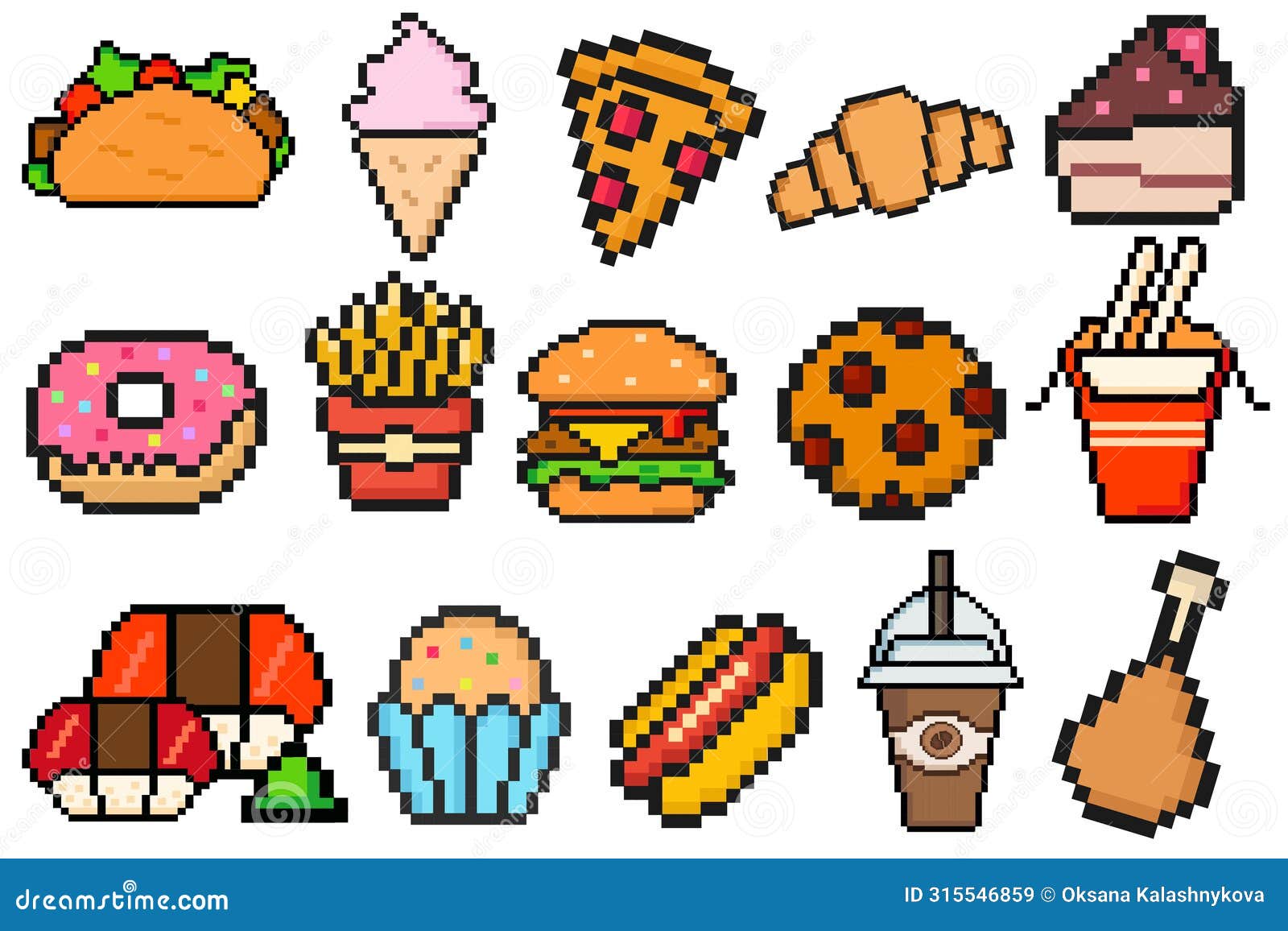 Fast Food Pixel Art Set of Icons, Fast Restaurant Pixelated Elements ...