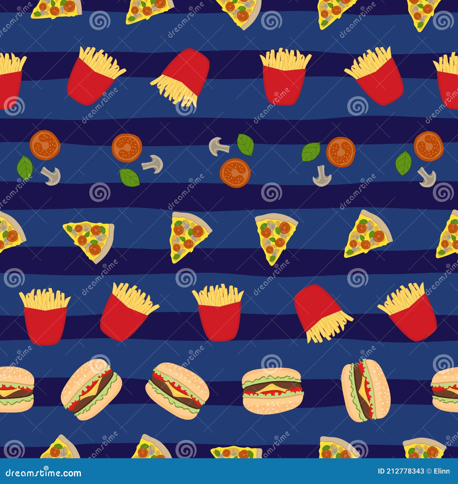 Fast Food Repeat Pattern on Dark Blue Stripes Stock Vector ...
