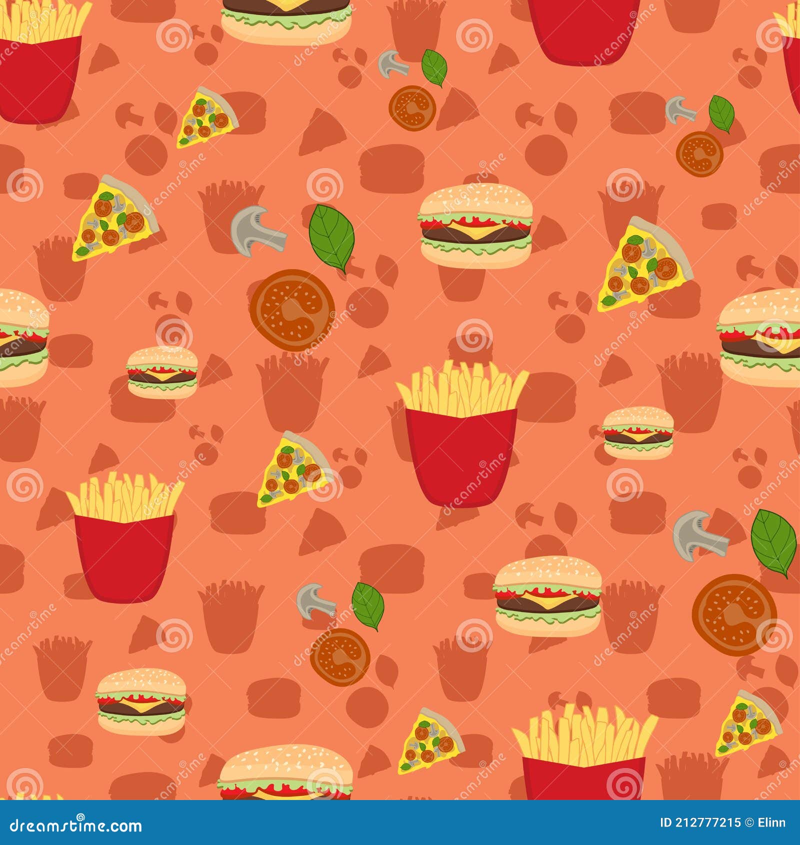 Fast Food Repeat Pattern on Orange Background with Silhouettes Stock ...