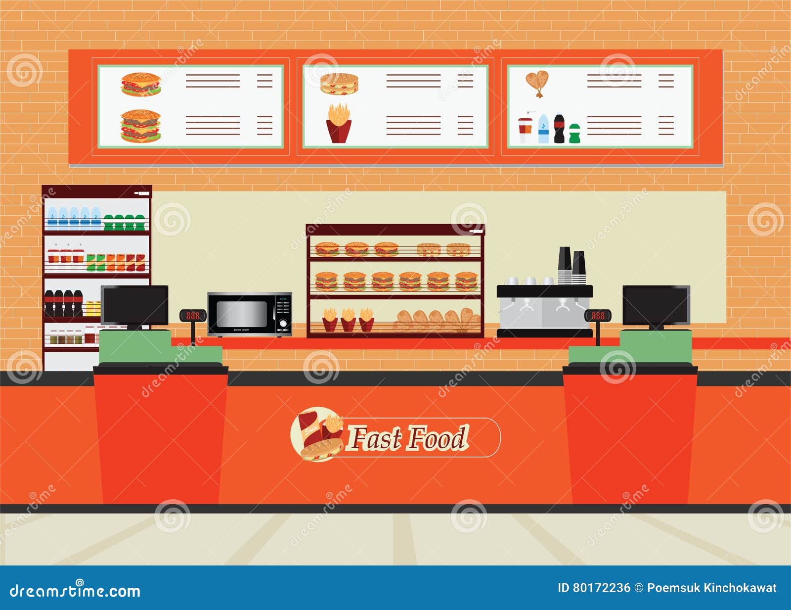 Fast Food Restaurant Interior with Hamburger and Beverage. Stock Vector ...