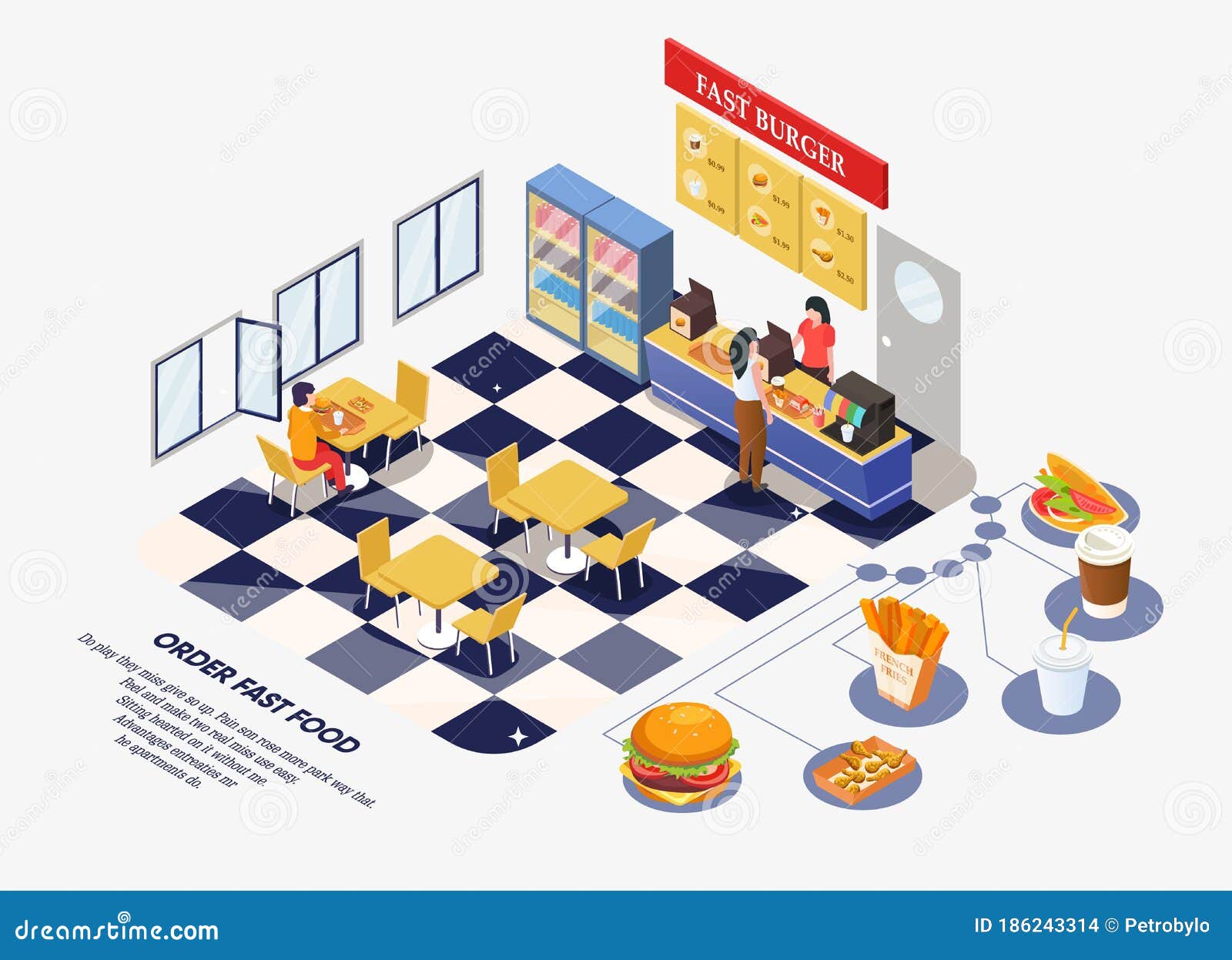 Fast Food Restaurant Interior. the Ordering Process. Man Sitting at the ...