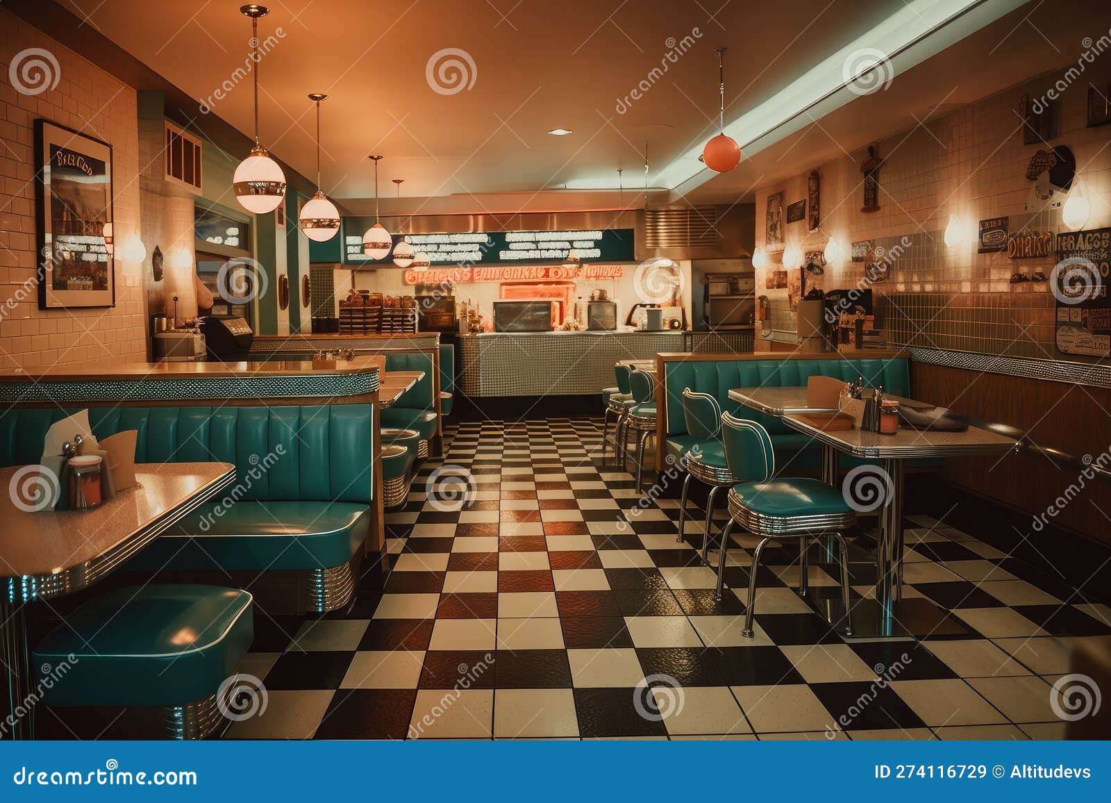 Fast Food Restaurant with Retro Interior, Featuring Vintage Items and ... Fast Food Restaurant with Retro Interior, Featuring Vintage Items and ...