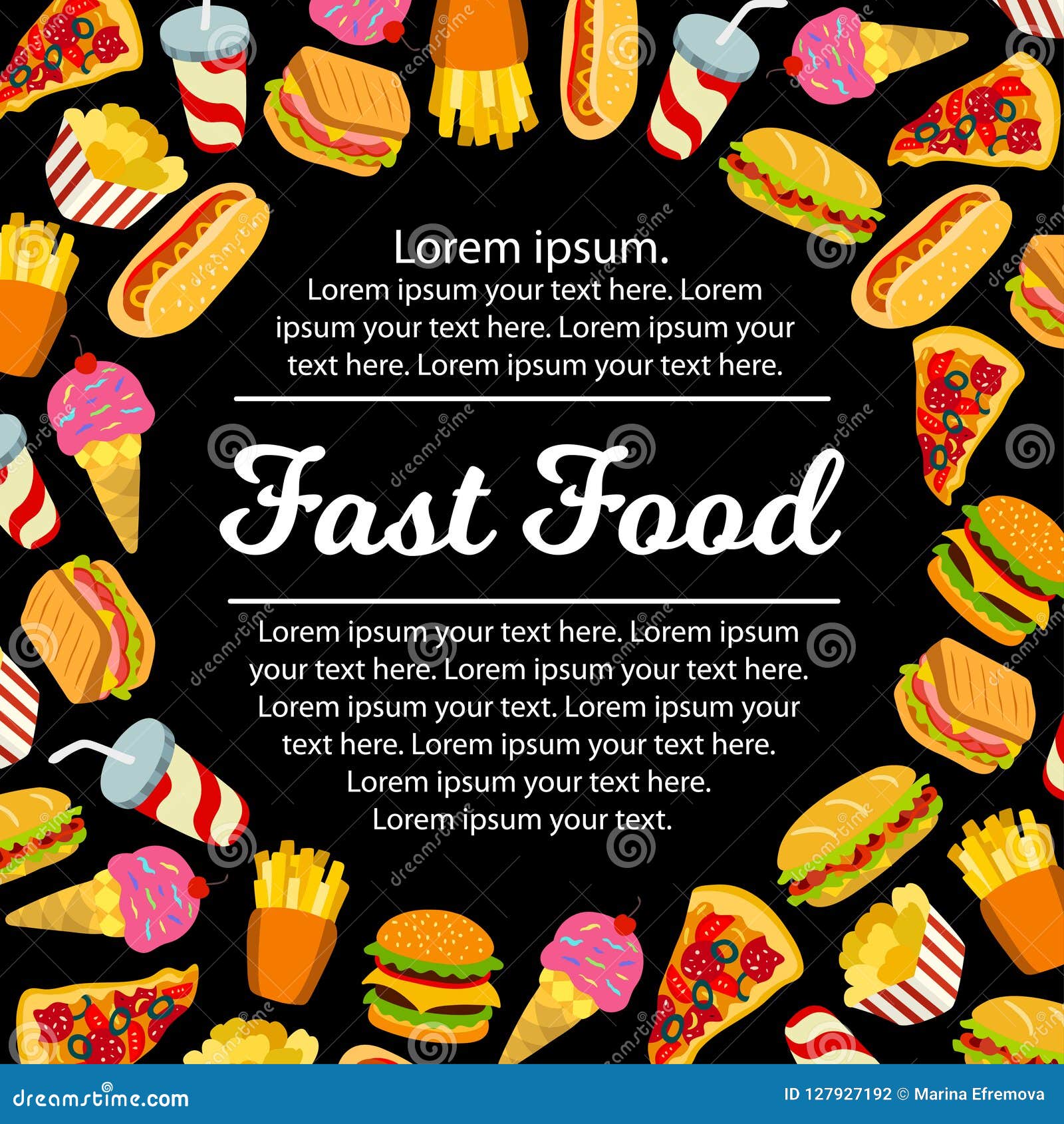 Fast Food Vector Frame. stock vector. Illustration of dinner - 127927192