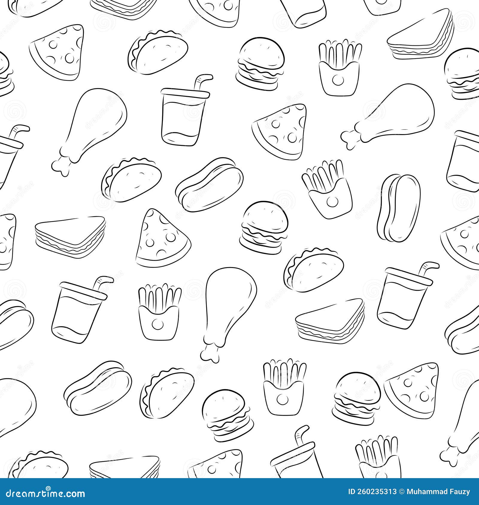 Fast Foods Doodle Seamless Doodle Pattern with a Black and White Color ...