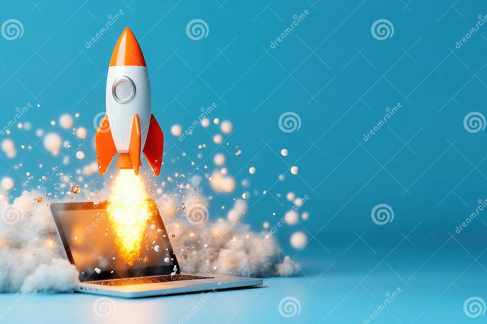 Fast Internet Concept with Laptop and Rocket Launch Stock Photo - Image ...