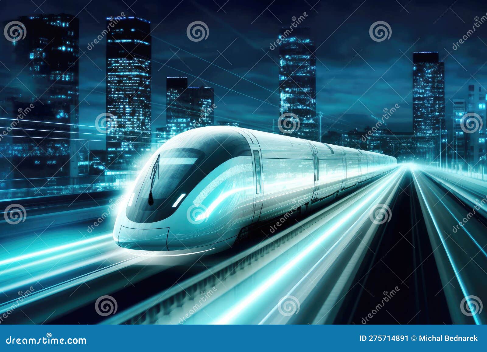 Fast Modern Train Moving through the City the Night. Generative AI ...