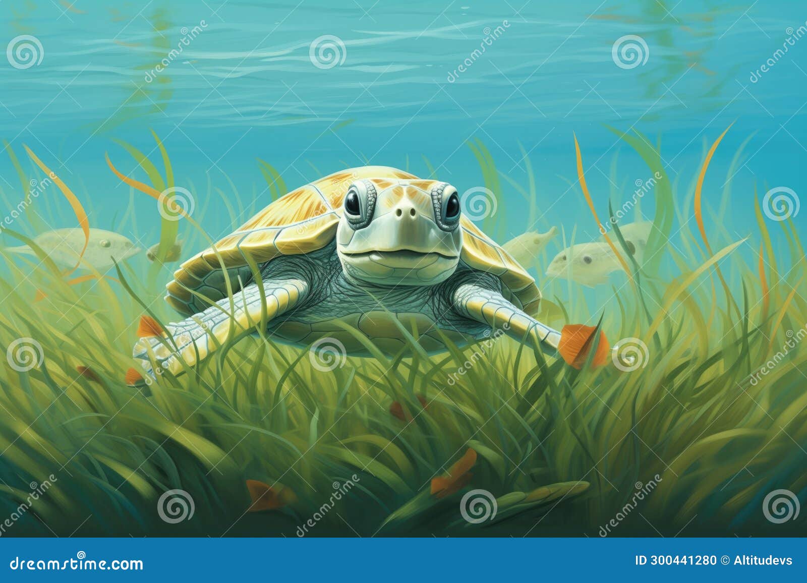 Fast-moving Turtle Surprising a Set of Seagrass Stock Illustration ...