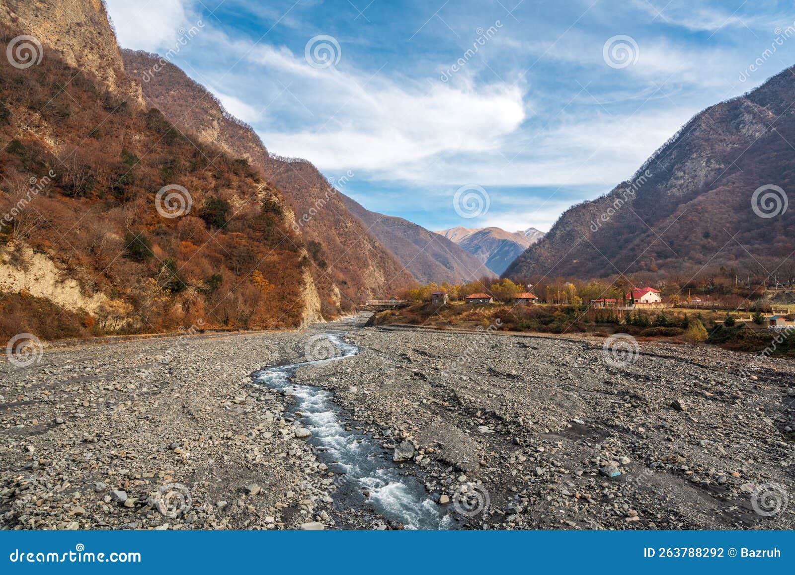 Fast River Flows between the Mountains at Autumn Season, Wide Angle ...