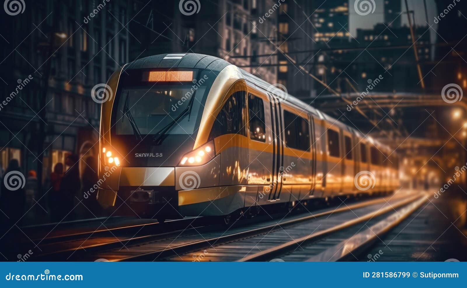 Fast Speed Tram in the Night City Stock Illustration - Illustration of ...