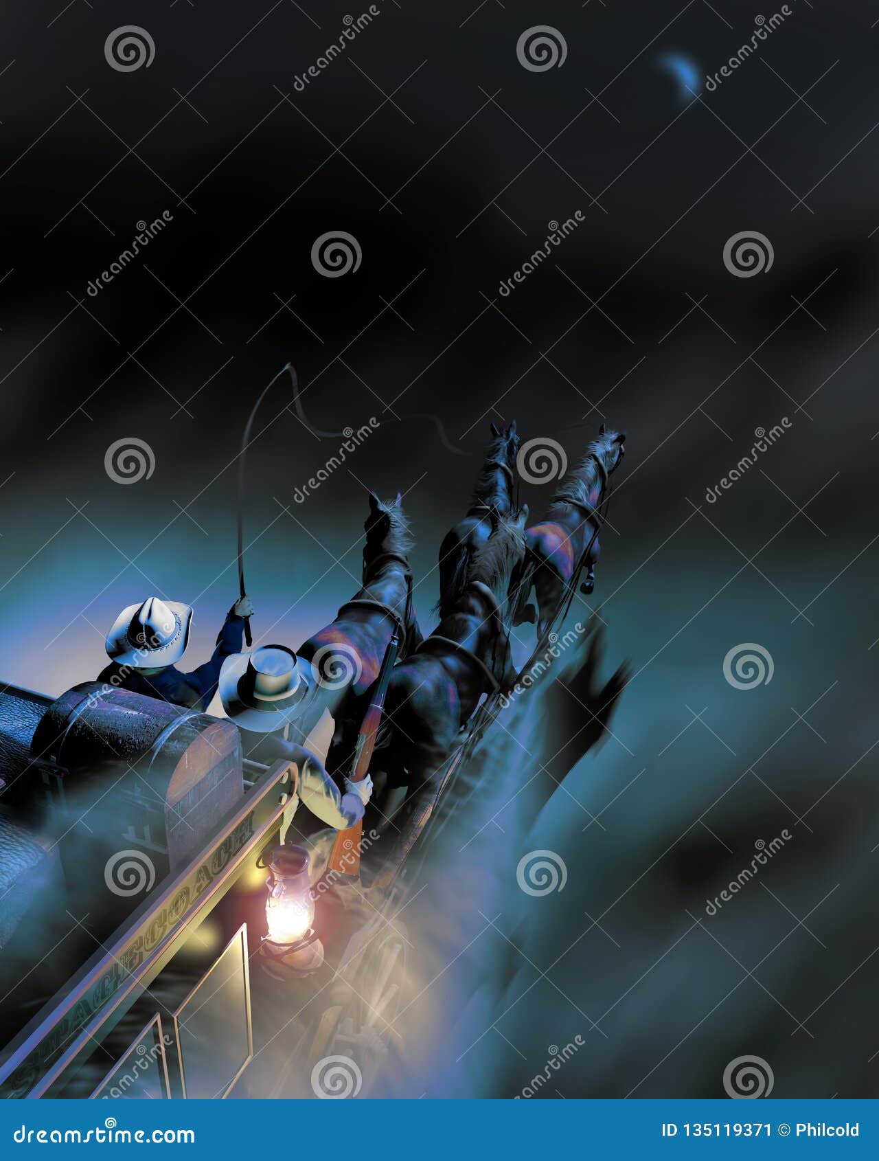 Fast Stagecoach Under the Moonlight Stock Illustration - Illustration ...
