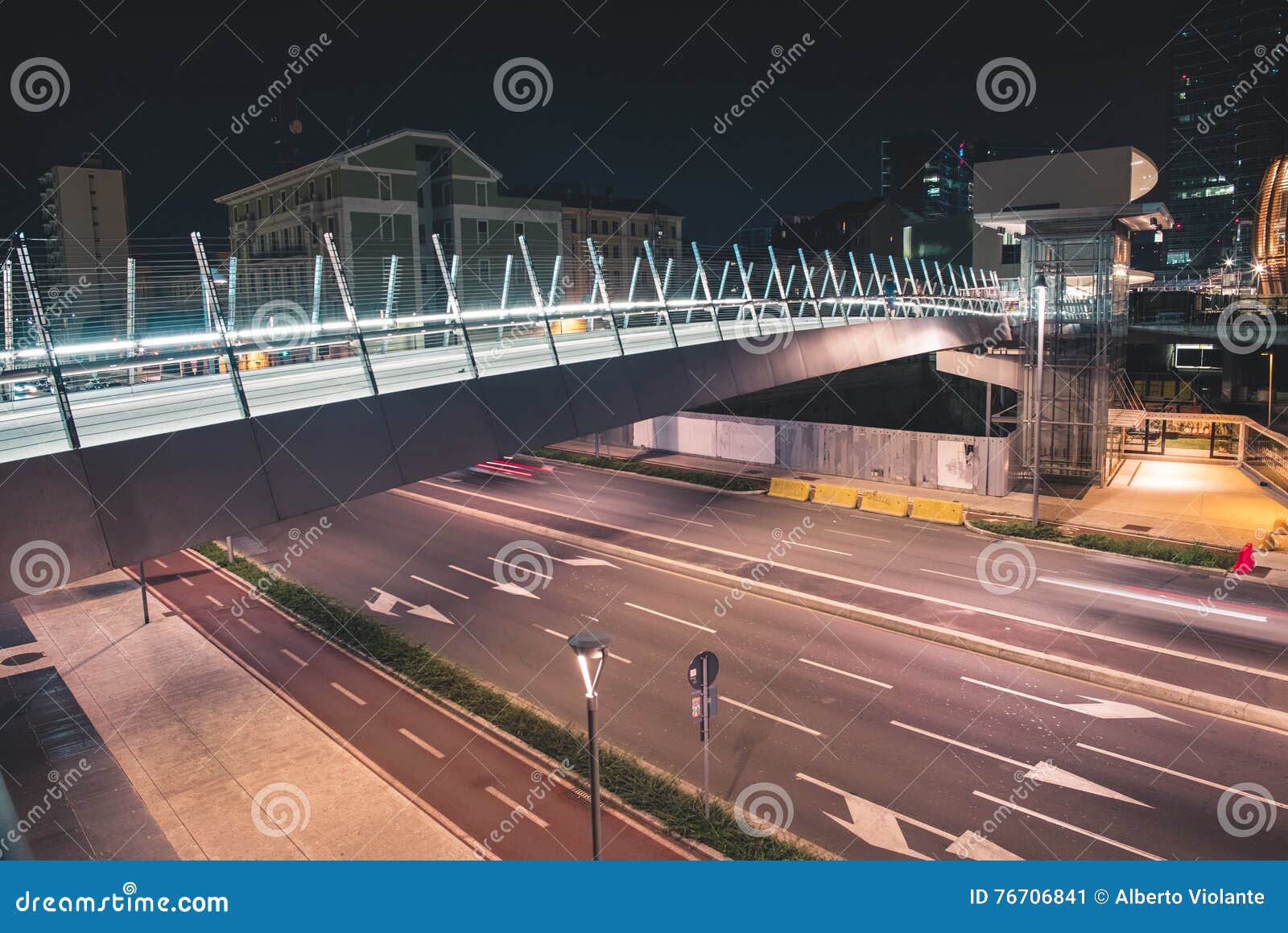 Fast Traffic and Pedestrian Overpass in the Modern City by Night Stock ...