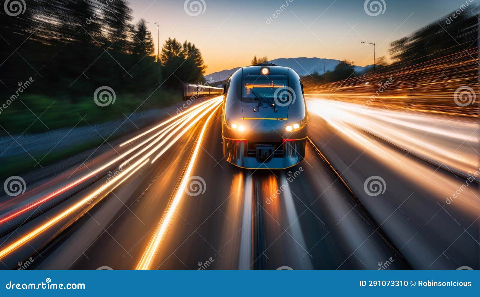 Fast Train with Long Exposure Light Trails and Sunset in Background ...