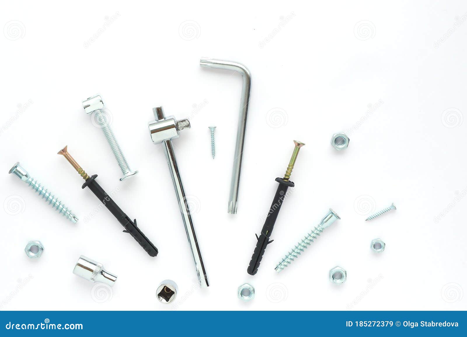 Fasteners and Tools on a White Background. Flat Layout, Top View Stock ...