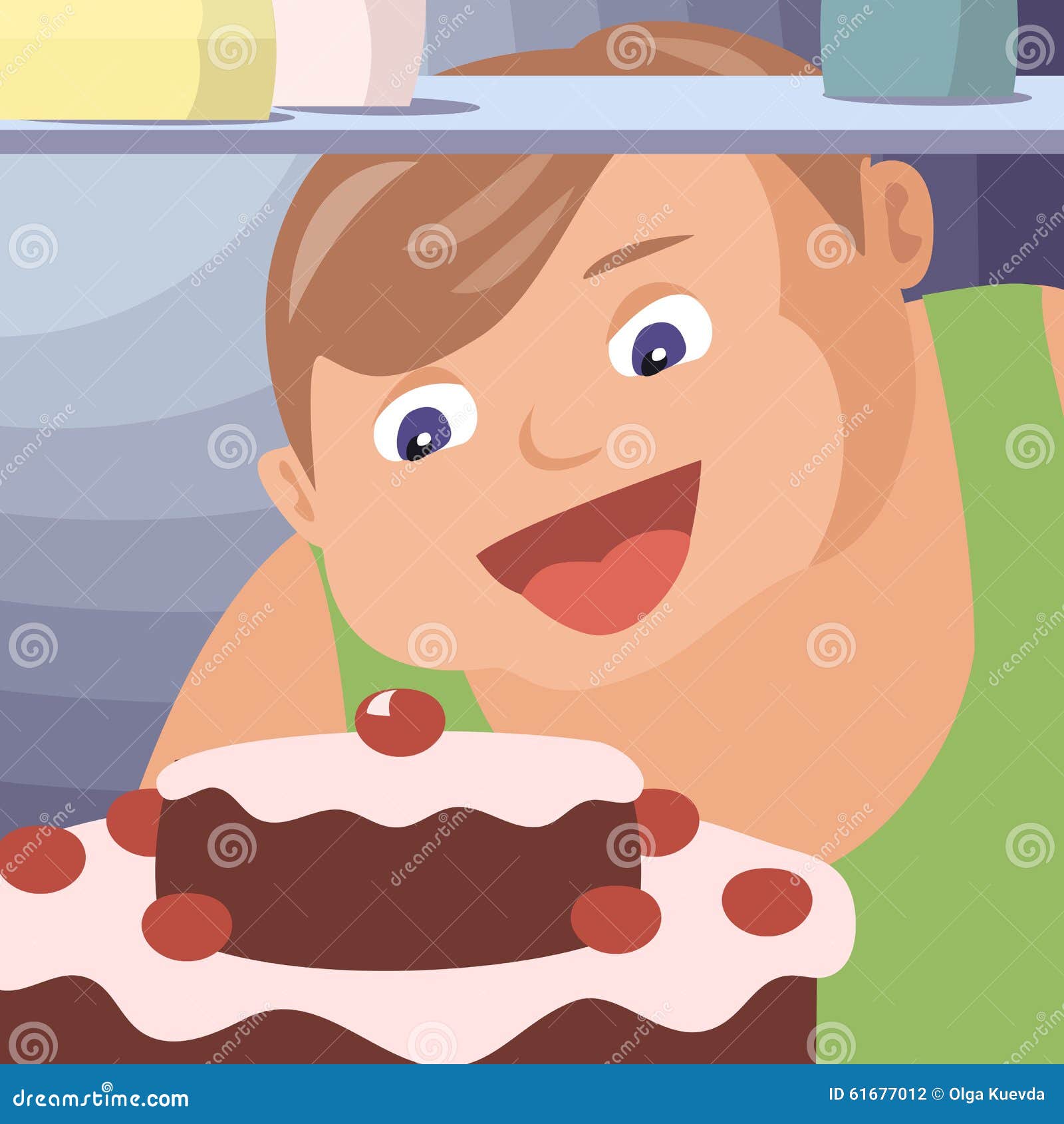 Fat boy eating cake stock vector. Illustration of health - 61677012