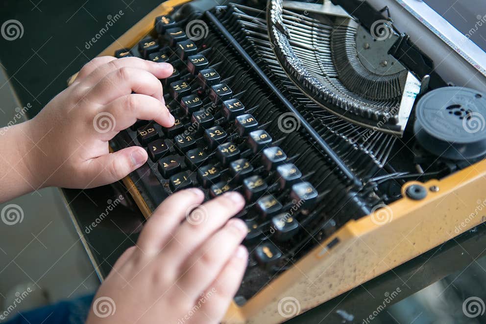 Fat Boy Hands Writing on Old Typewriter Stock Photo - Image of hipster ...