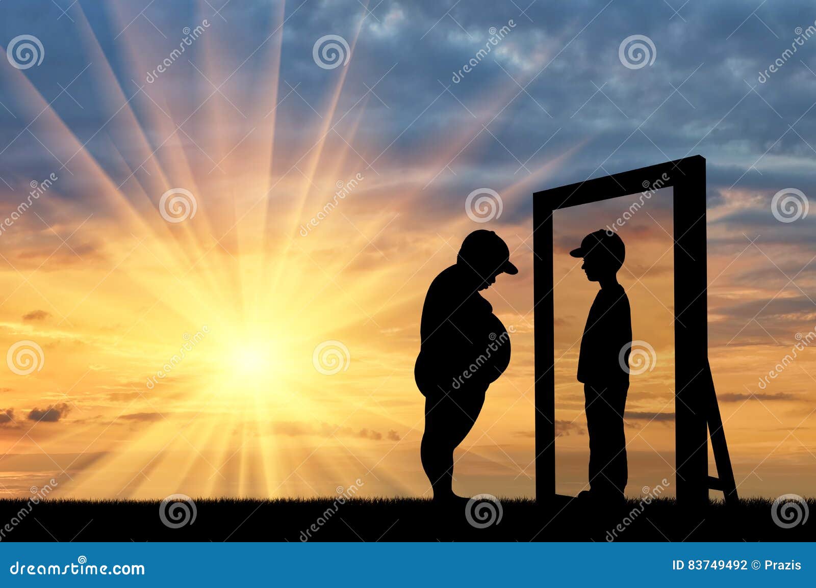 Fat Boy and His Reflection in Mirror of a Normal Boy Stock Illustration ...