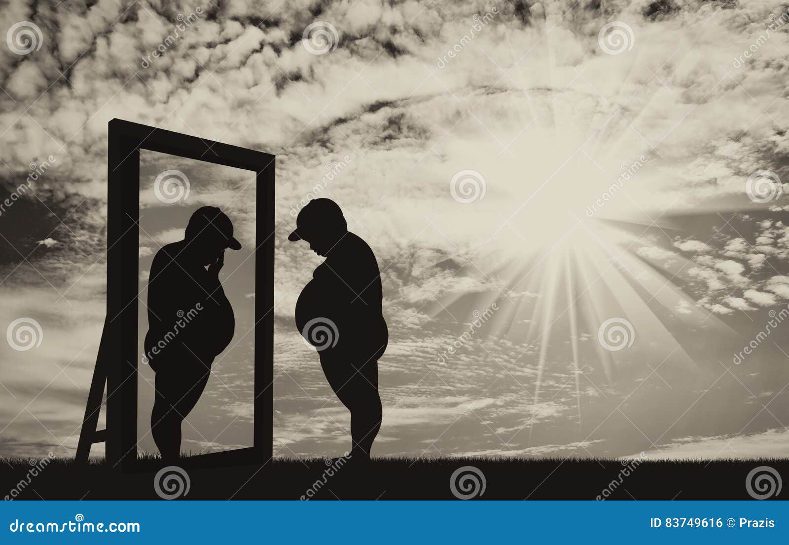 Fat Boy and His Reflection in the Mirror of a Normal Boy Against the ...
