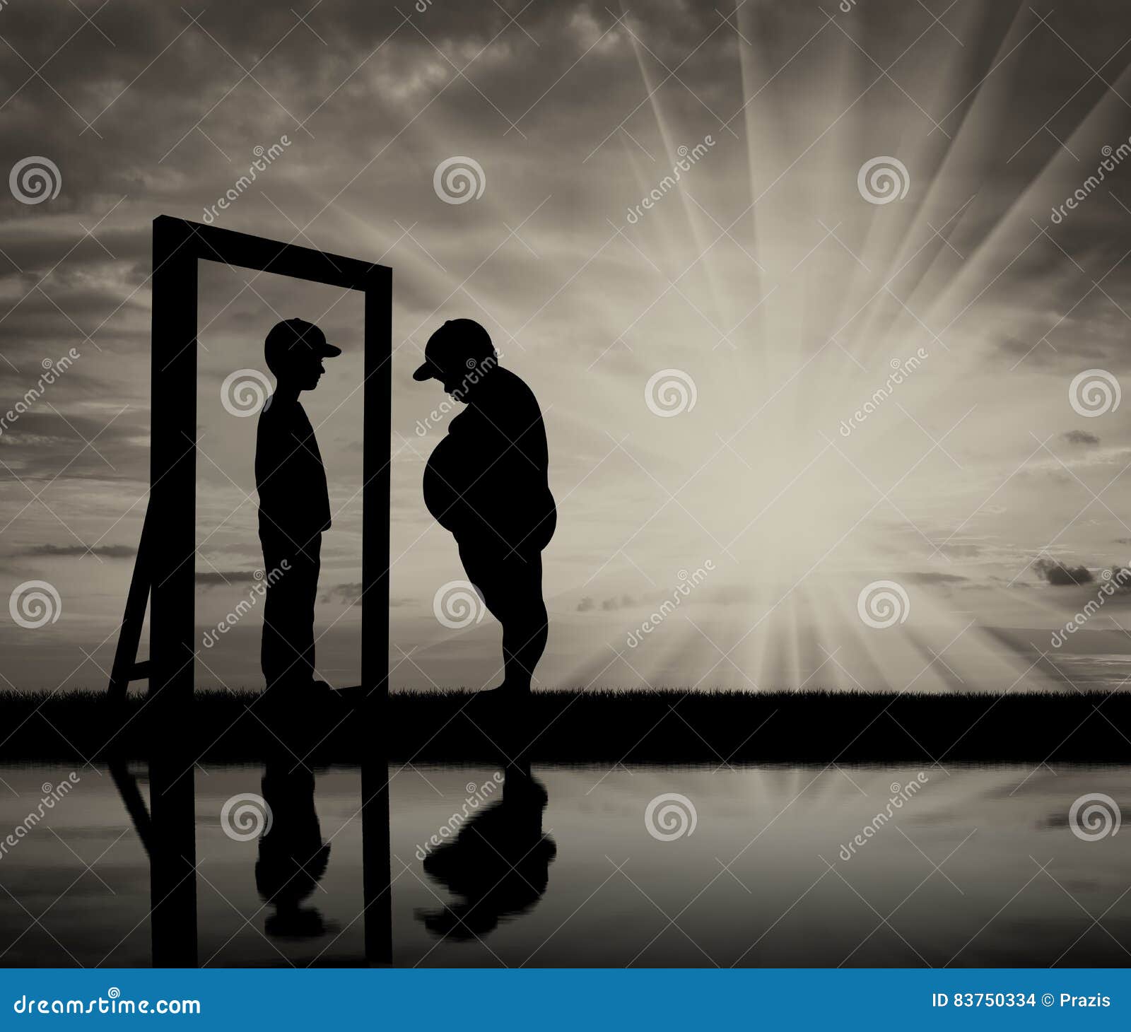 Fat Boy and His Reflection in Mirror of a Normal Boy Against the Sky ...
