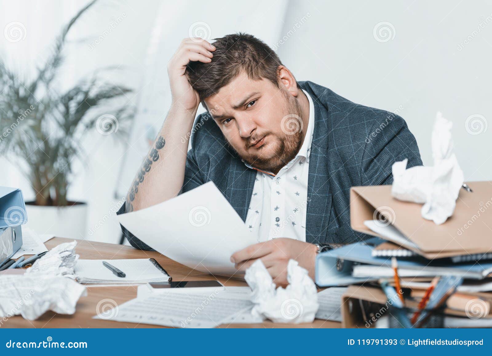 Fat Businessman in Suit Doing Paperwork Stock Image - Image of confused ...