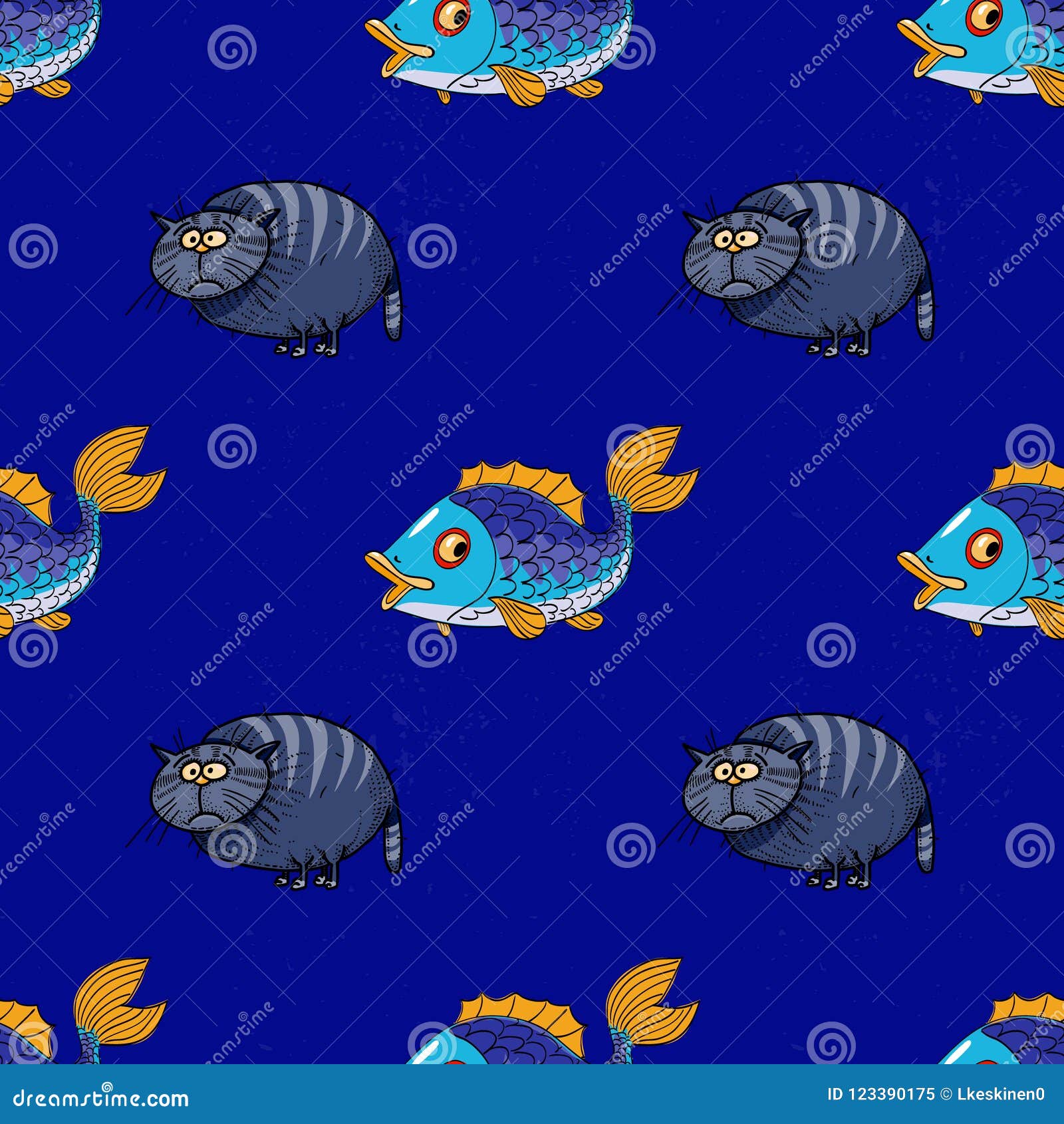 Fat Cat and Fish Seamless Pattern Stock Vector - Illustration of design ...
