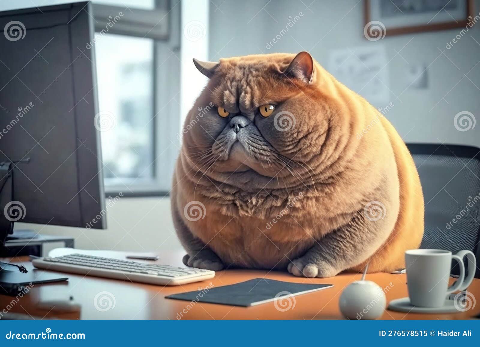 Fat Cat at Office Desk with Computer. Generative AI Stock Image - Image ...