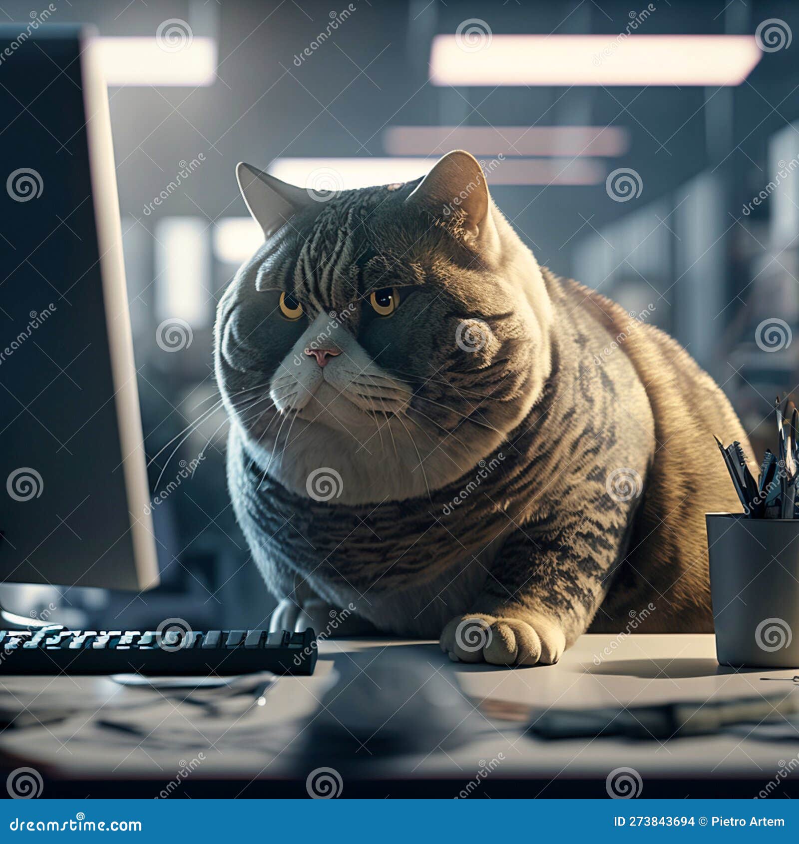 A Fat Cat Sits at an Office Desk in Front of a Computer, Generative AI ...