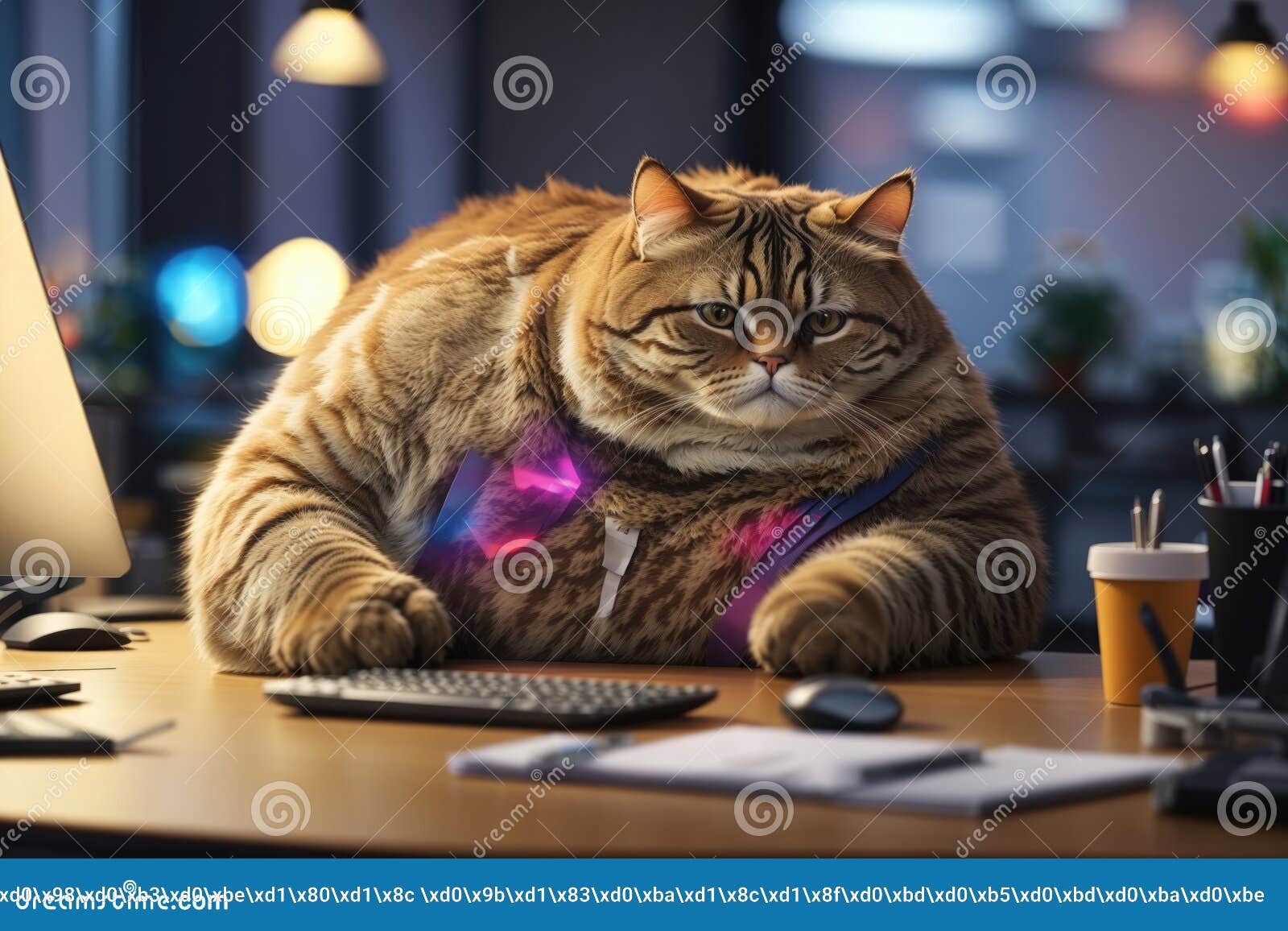 A Fat Cat is Sitting at the Office Table. Ai Generative Stock ...