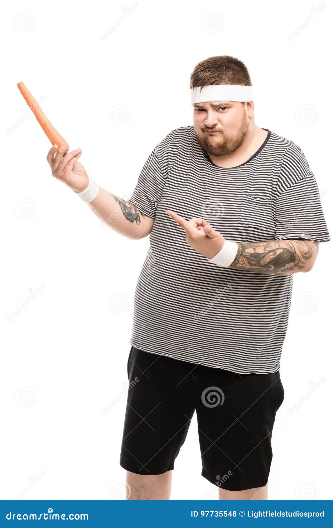 Fat Caucasian Man Pointing with Finger at Carrot Stock Photo - Image of ...