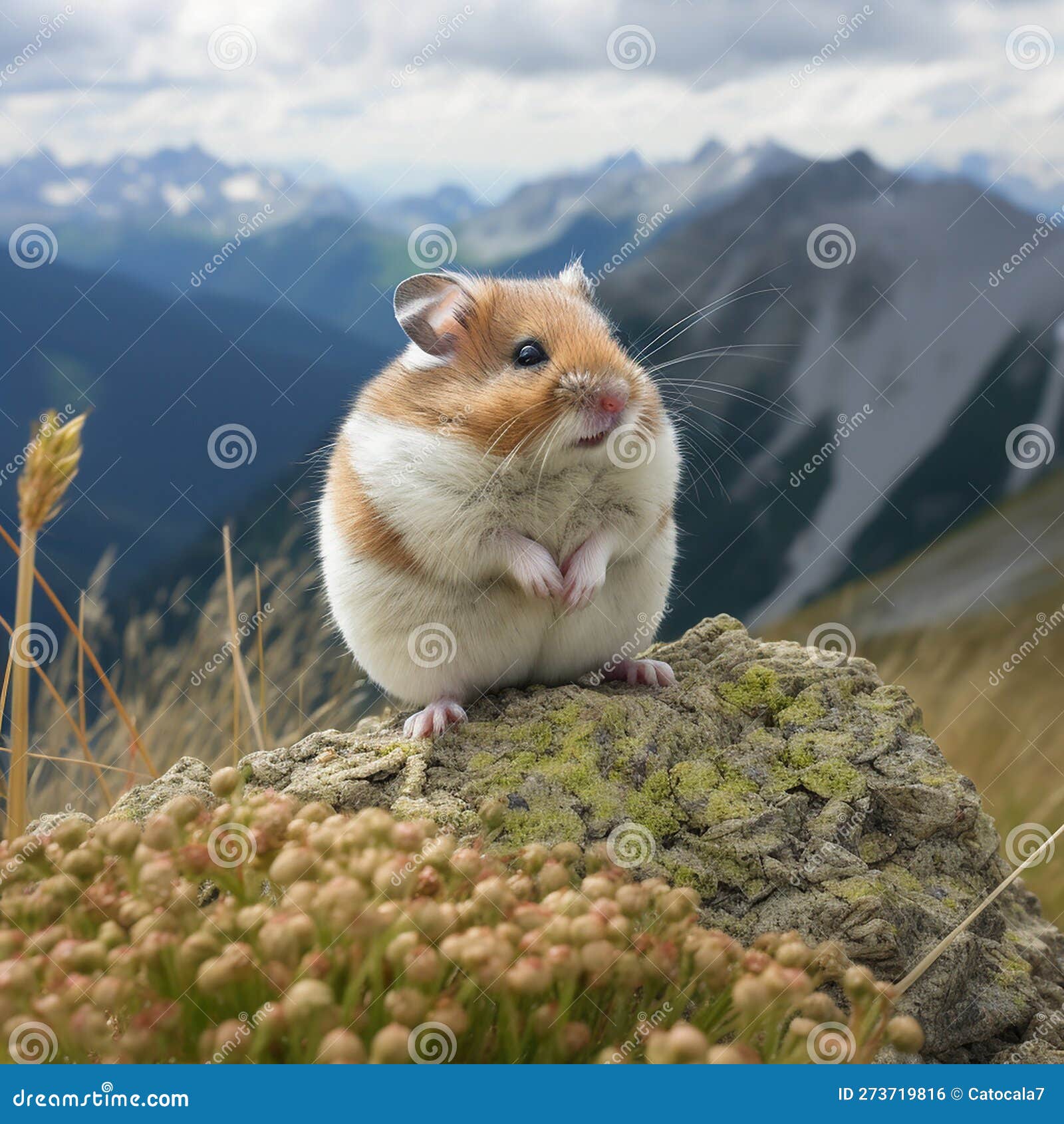 Fat Charming Hamster on a Stone Against the Backdrop of a Mountain ...