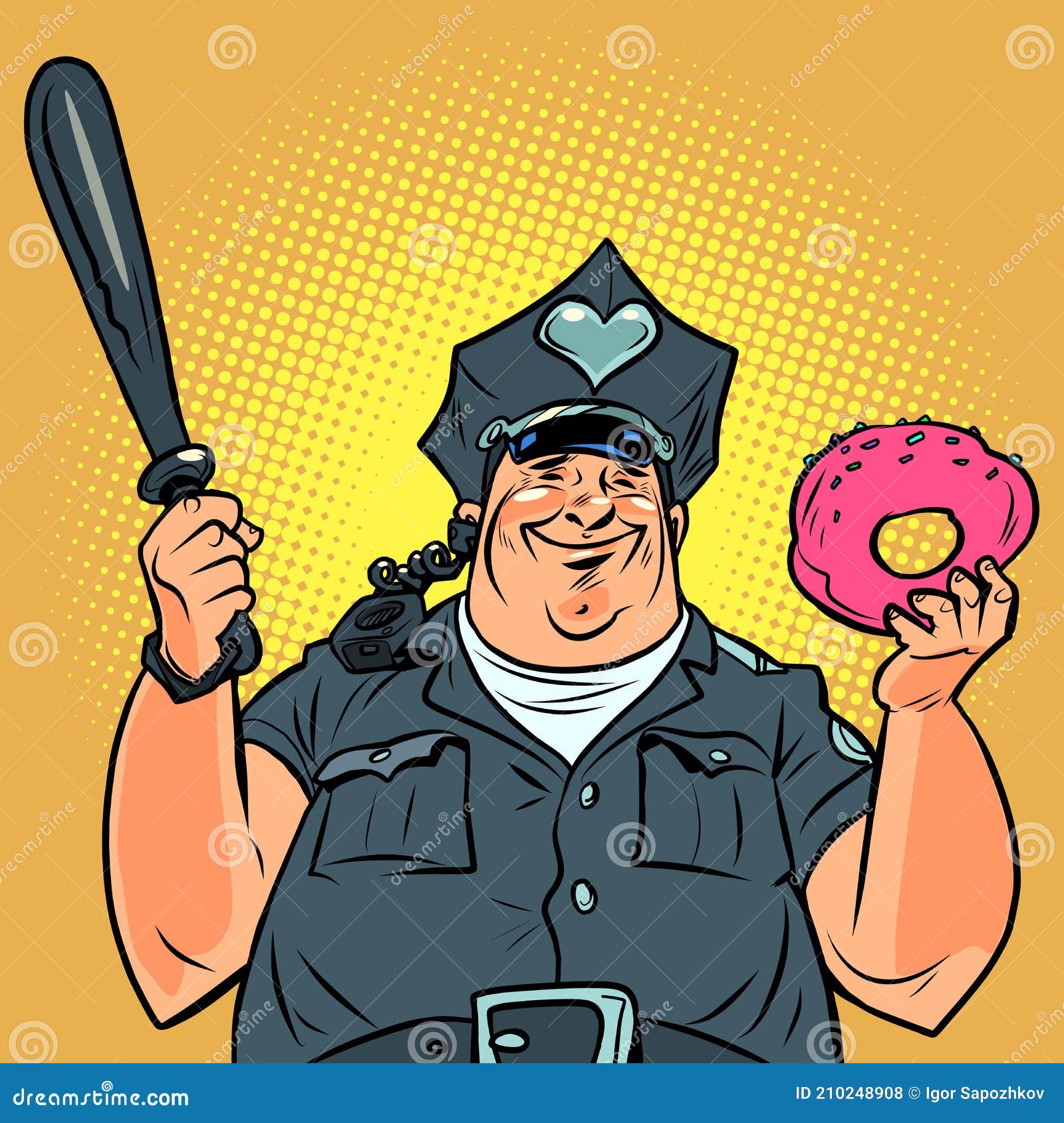 Fat cop with a doughnut stock vector. Illustration of cook - 210248908