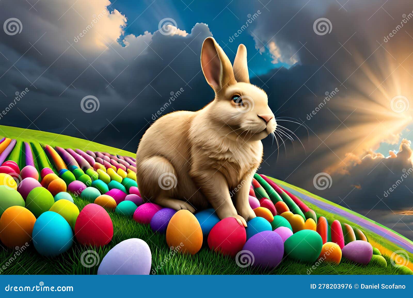 Fat Easter Bunny on a Pile of Colourful Easter Eggs Eating Chocolate ...