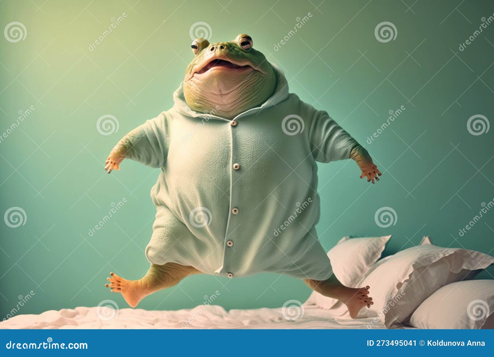 Fat Frog in a Terry Bathrobe Joyfully on Bed, Created with Generative ...