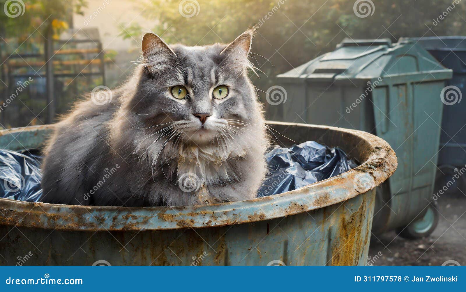 Fat Grey Dirty Cat Sitting in Garbage Bin Stock Photo - Image of life ...