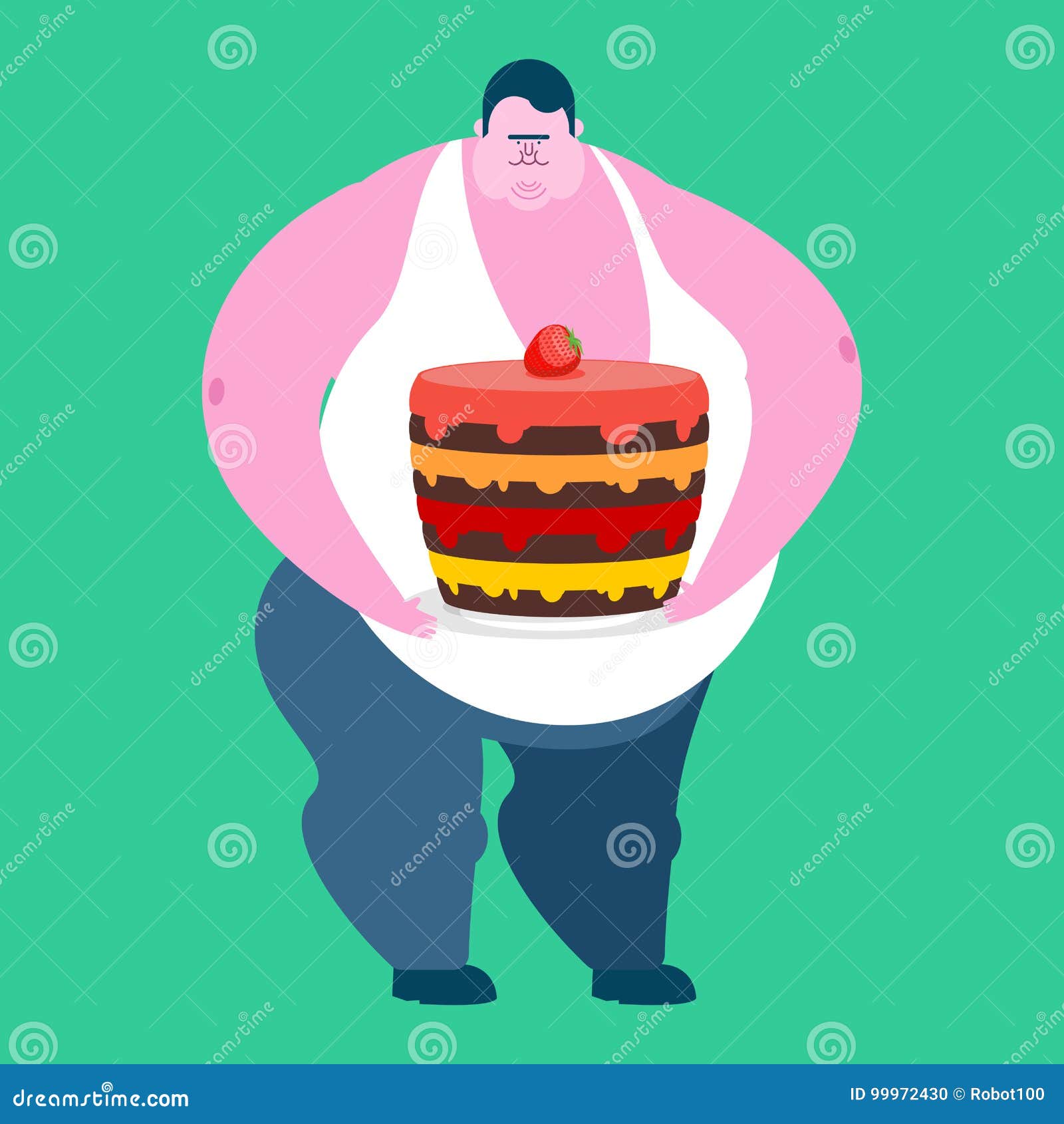 Fat Guy And Cake. Glutton Thick Man And Pie. Vector Illust ...