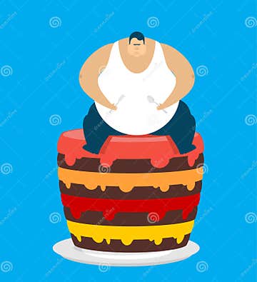 Fat Guy and Cake. Glutton Thick Man and Pie Stock Vector - Illustration ...