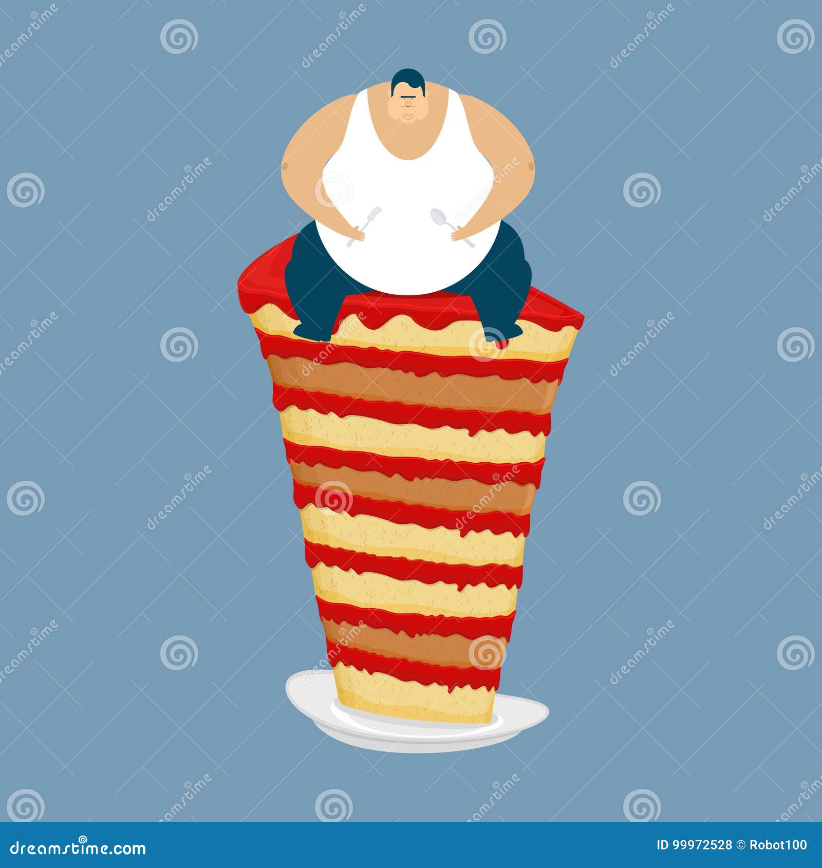 Fat Guy And Cake. Glutton Thick Man And Pie. Vector Illust ...