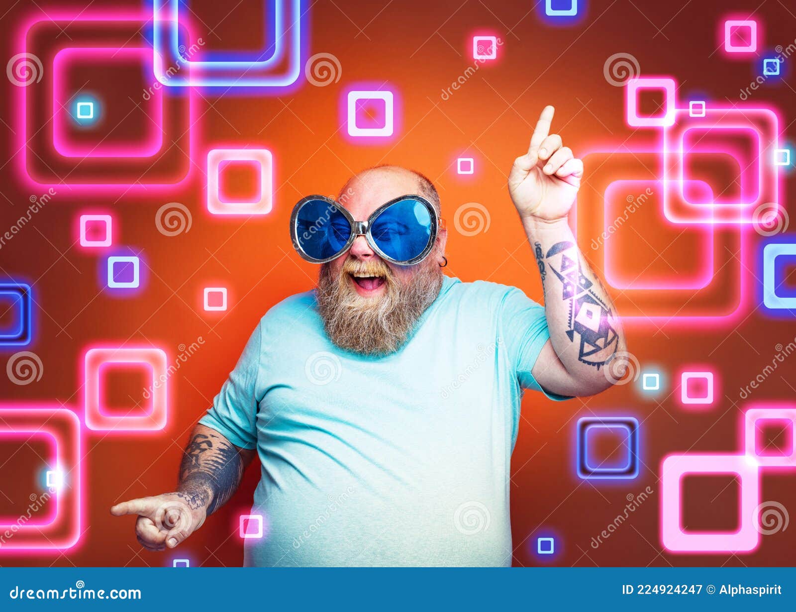 Fat Happy Man with Beard, Tattoos and Sunglasses Dances Music Stock ...