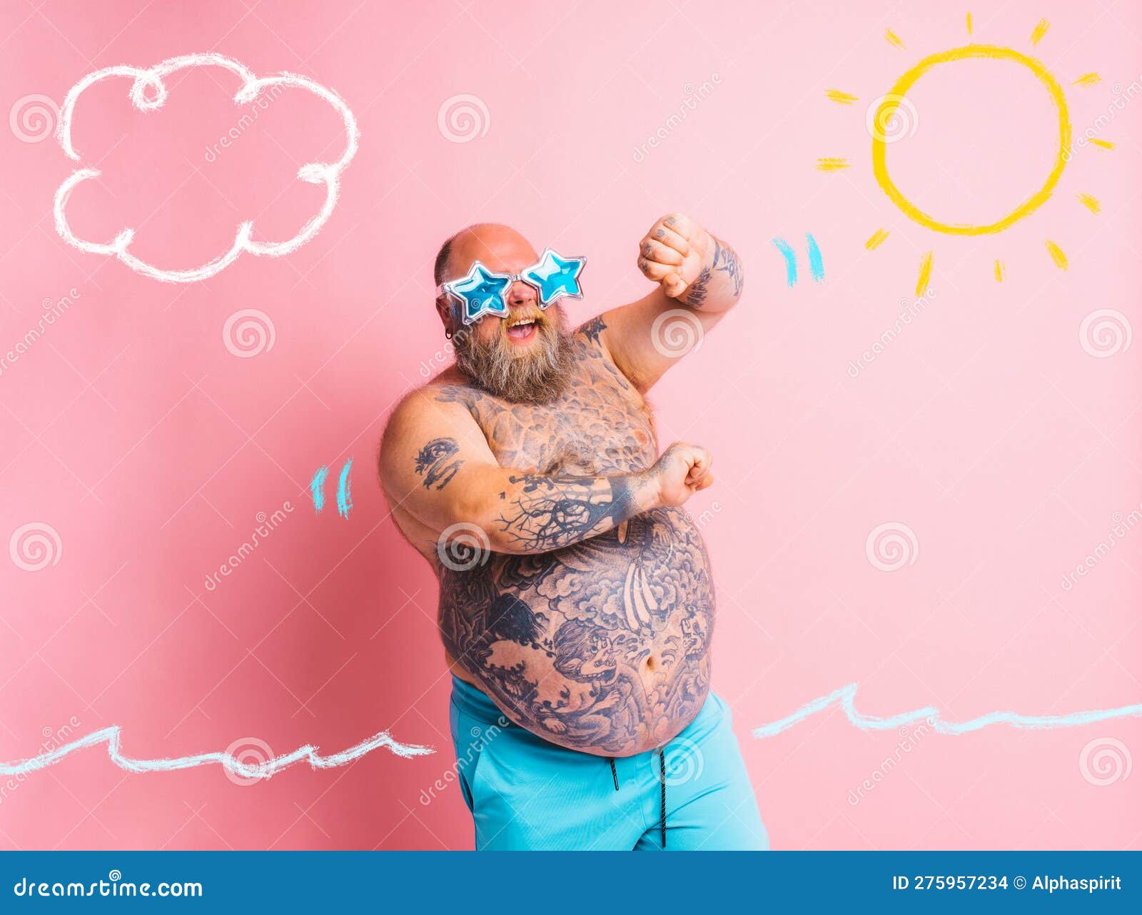 Fat Man with Beard, Tattoos and Sunglasses Dances Music Stock Photo ...