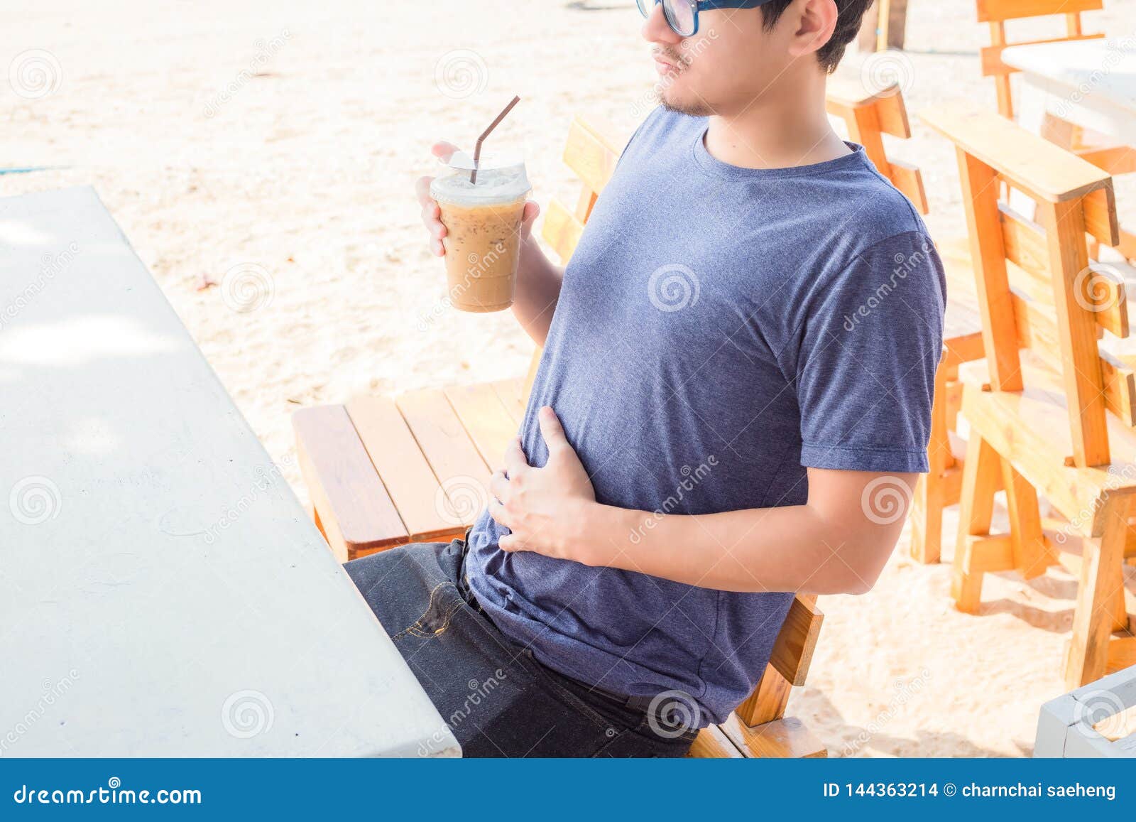 A Fat Man and Big Belly Drink Coffee Stock Photo - Image of portrait ...