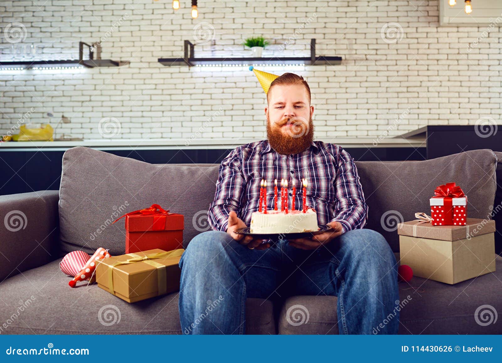 A Fat Man with a Birthday Cake in the Room. Stock Photo - Image of male ...