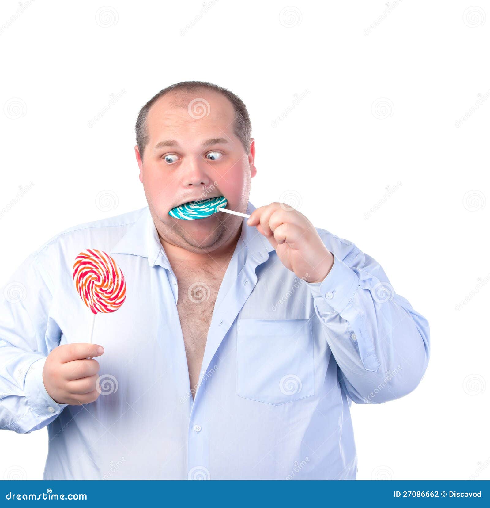 Fat Man in a Blue Shirt, Eating a Lollipop Stock Photo - Image of ...