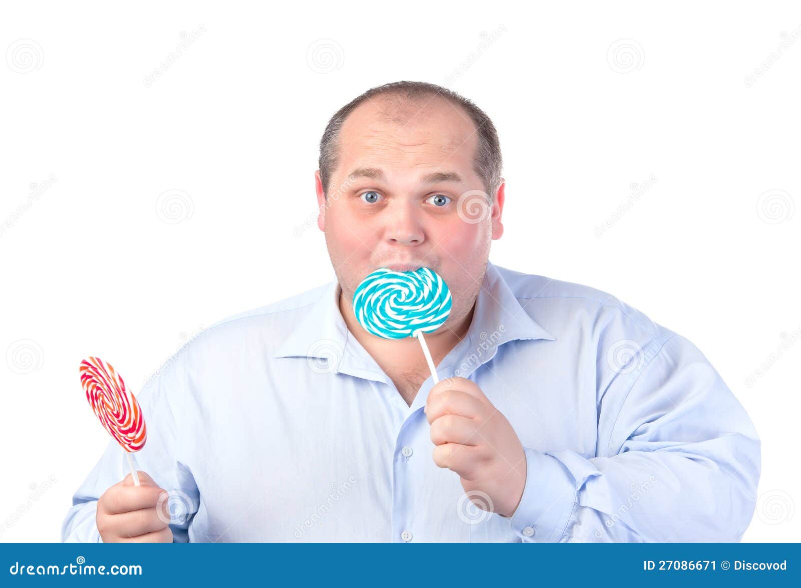 Fat Man in a Blue Shirt, Eating a Lollipop Stock Image - Image of male ...