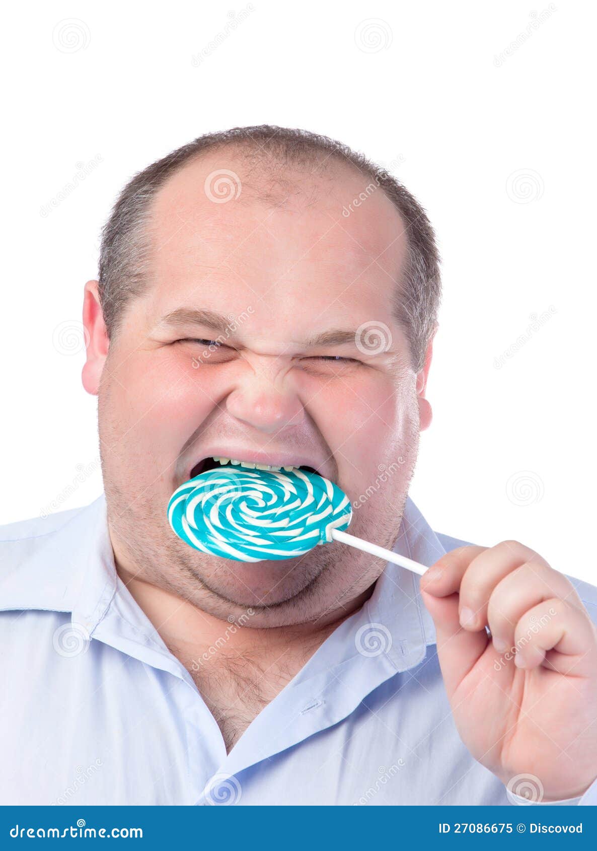 Fat Man in a Blue Shirt, Eating a Lollipop Stock Image - Image of male ...