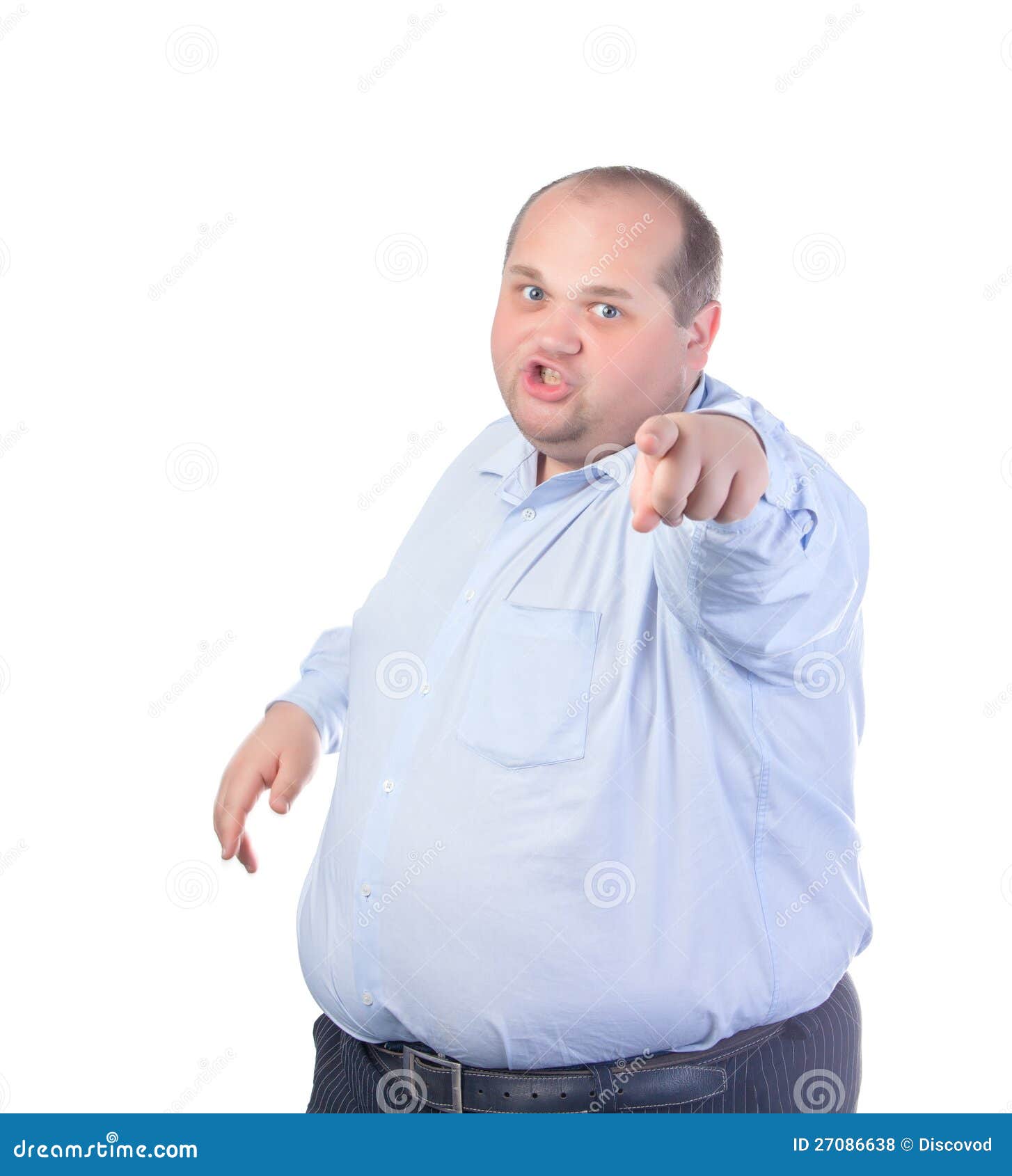 Fat Man in a Blue Shirt, Points Finger Stock Photo - Image of eccentric ...