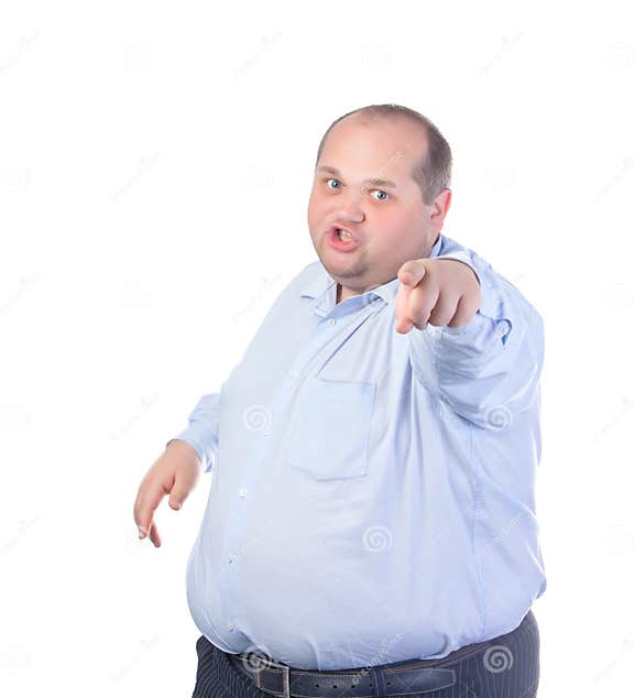 Fat Man in a Blue Shirt, Points Finger Stock Photo - Image of eccentric ...