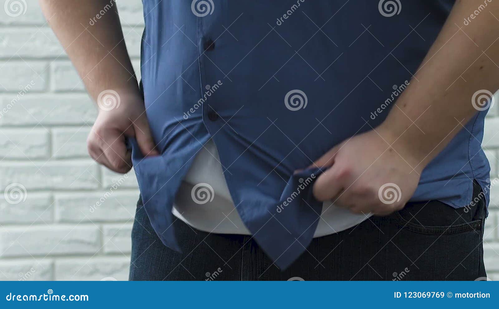 Fat Man with Difficulty Buttoning Shirt on Huge Belly, Plus-size ...