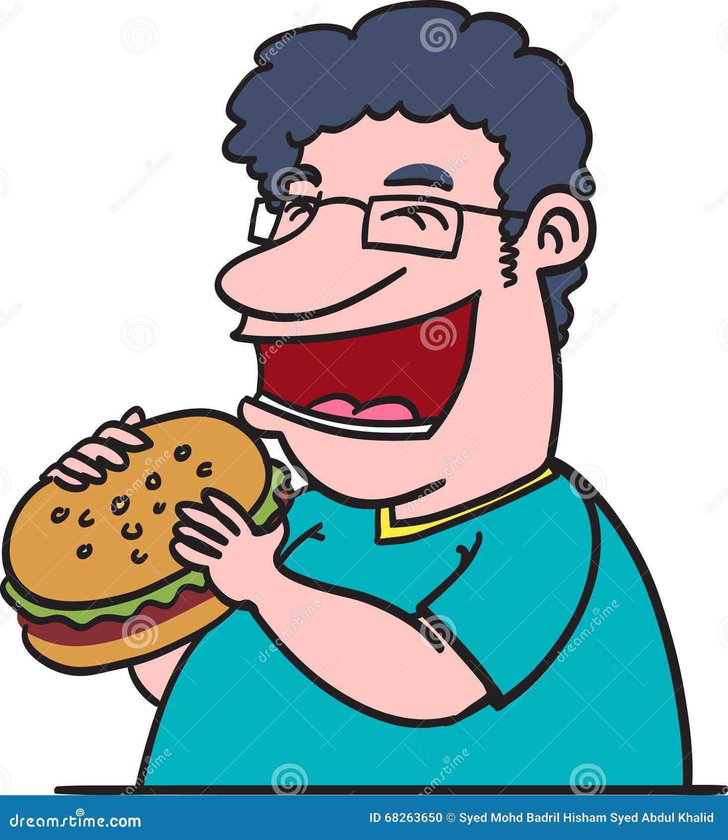 Fat man eating burger stock vector. Illustration of pizza - 68263650