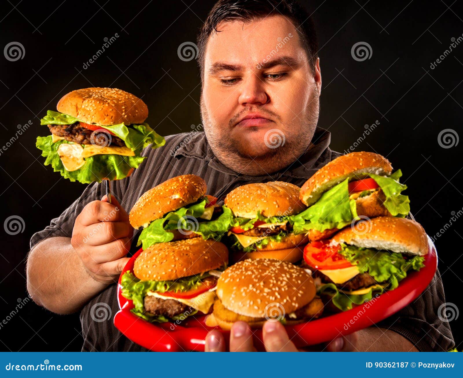 Fat Man Eating Fast Food Hamberger Breakfast For Overweight Person Stock Image Image Of Fast