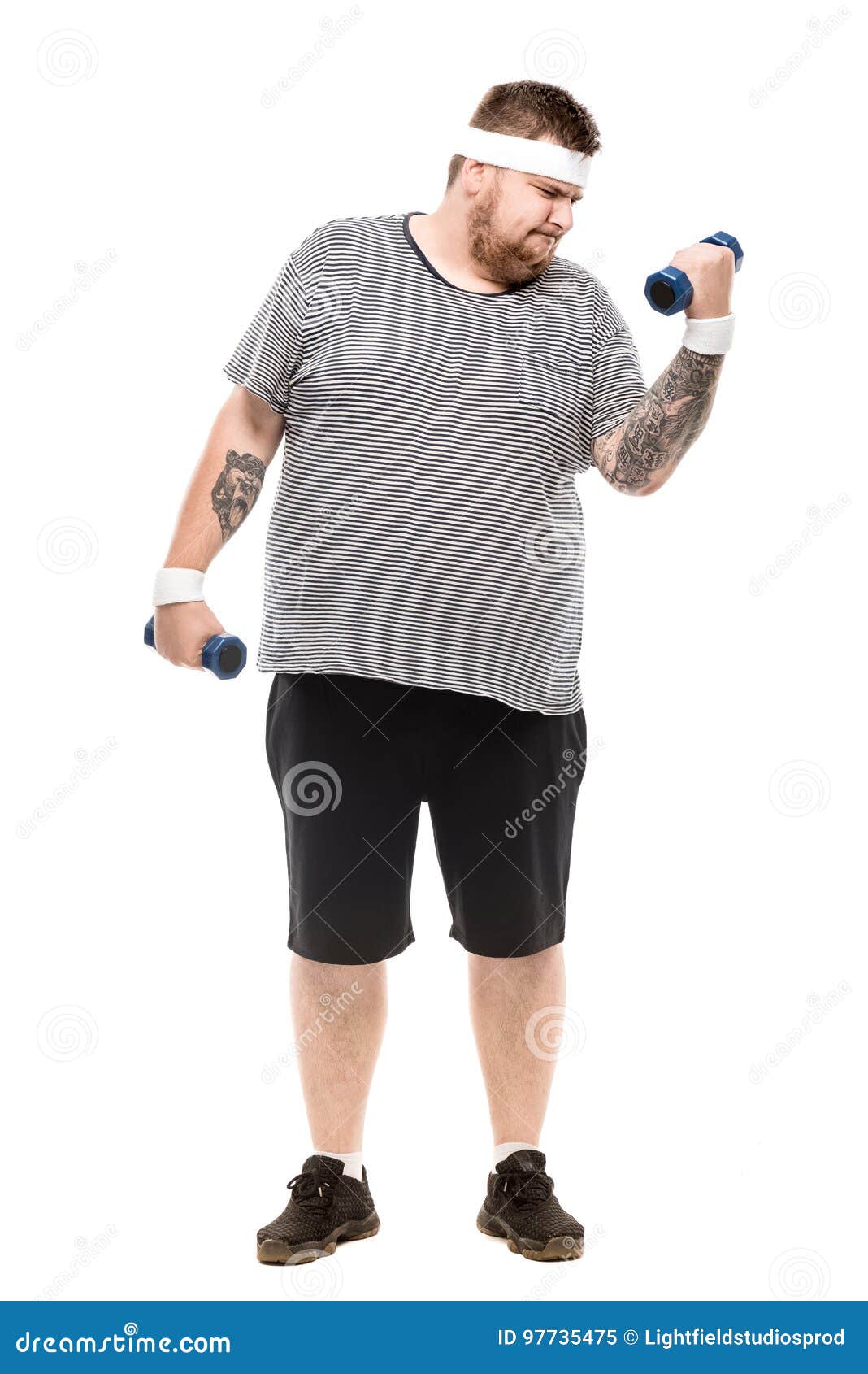 Fat Man Exercising with Dumbbells Isolated on White Stock Image - Image ...