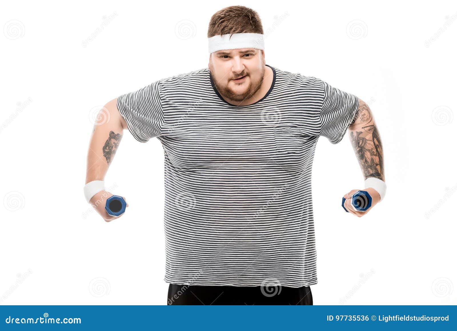 Fat Man Exercising with Dumbbells and Looking at Camera Stock Photo ...
